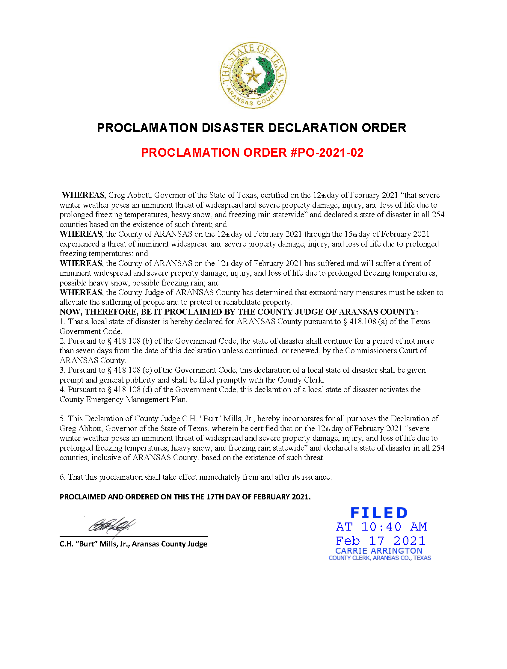 PROCLAMATION DISASTER DECLARATION ORDER PROCLAMATION ORDER #PO-2021-02 ...